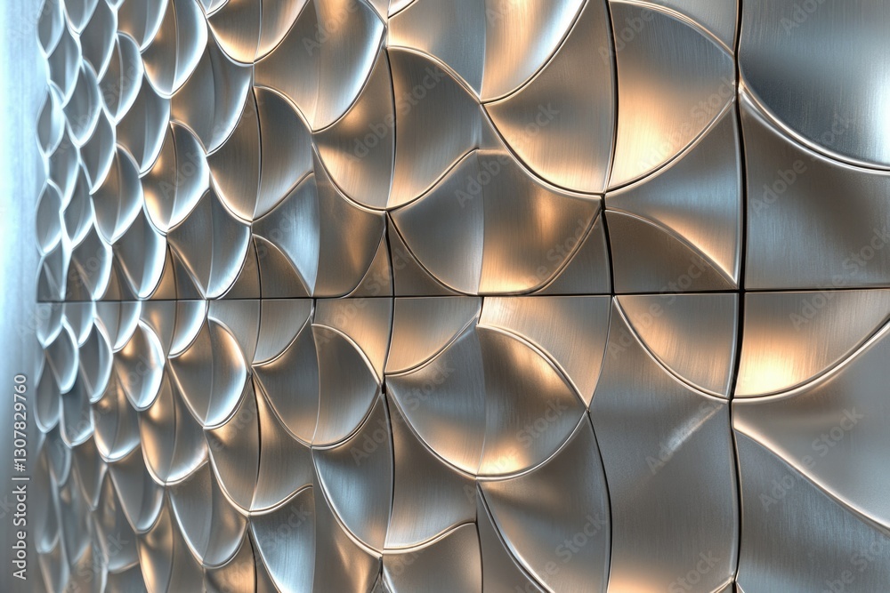 Metallic wall cladding with a 3D pattern of curved, overlapping shapes creating a dynamic ...