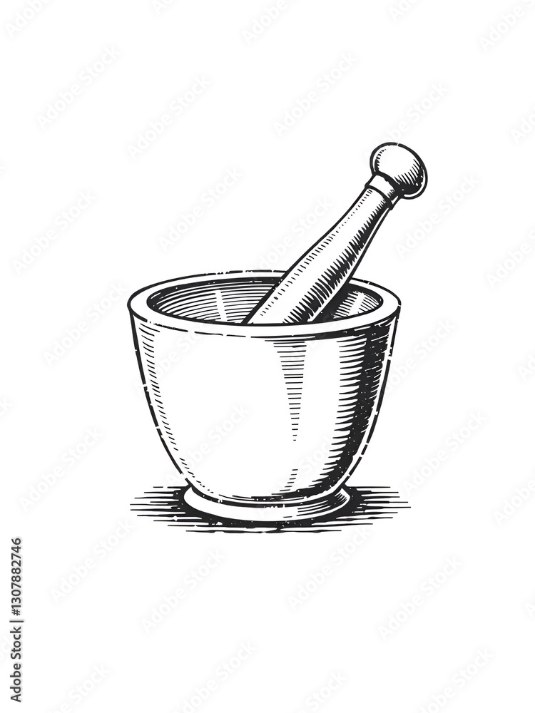 Mortar and pestle vintage engraving illustration isolated on white background,Logo of pharmacy ...