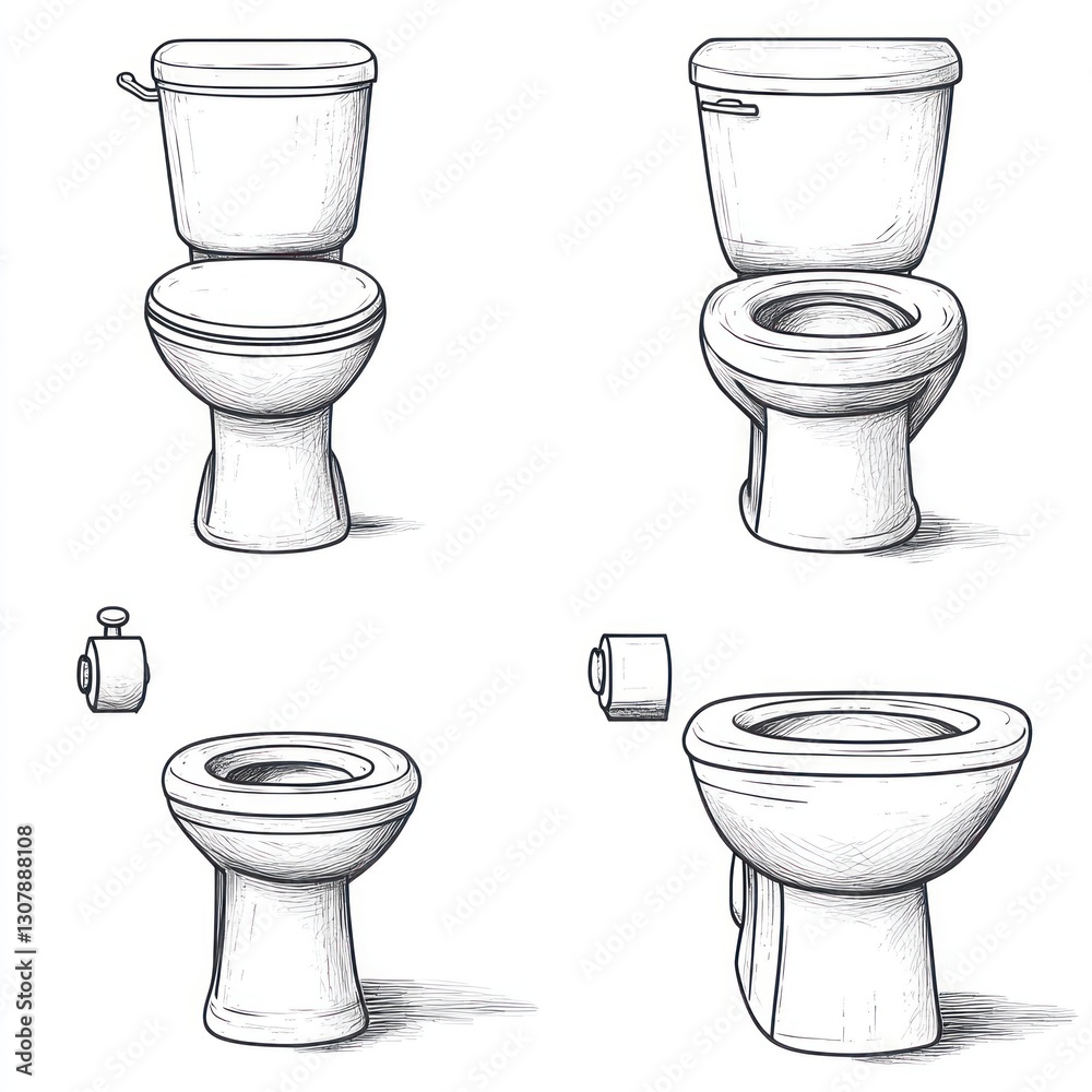 Four views of a toilet, including a tank, bowl, and various ...