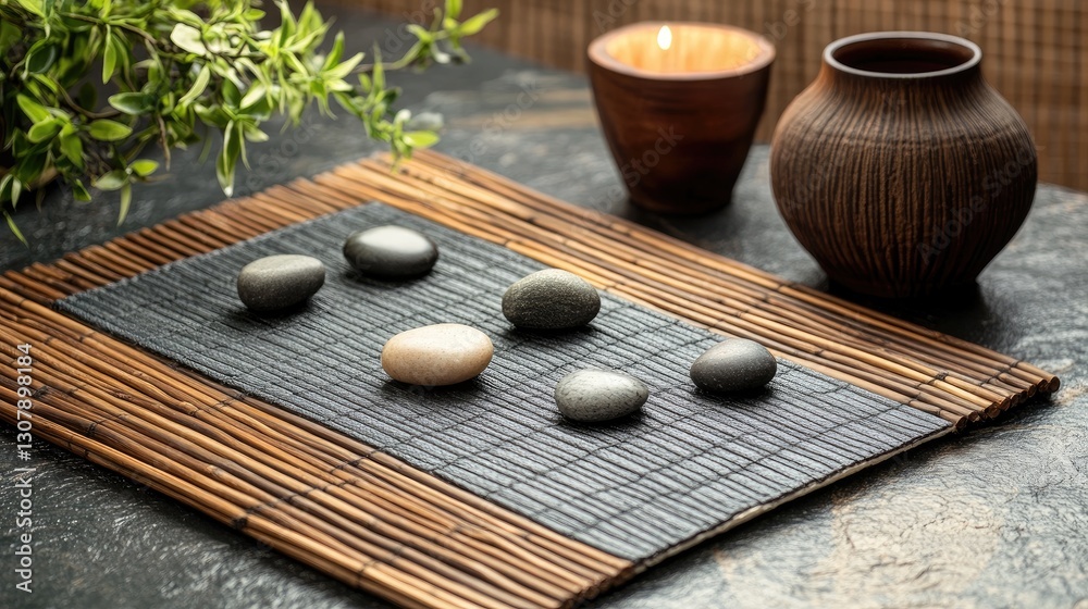 Reflexology therapy setup with a foot massage mat and natural stones ...