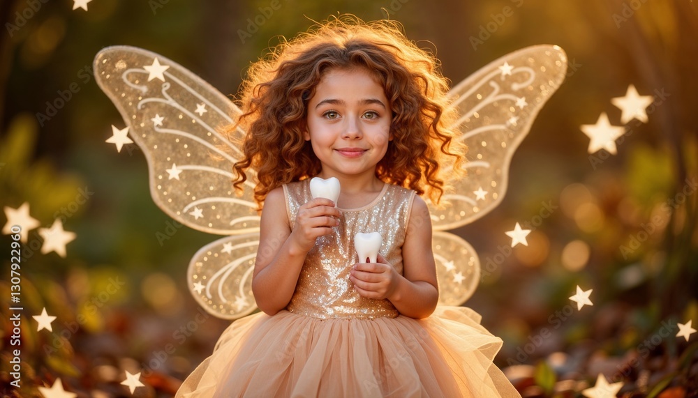Smiling little girl dressed as Tooth Fairy holding two teeth, with ...