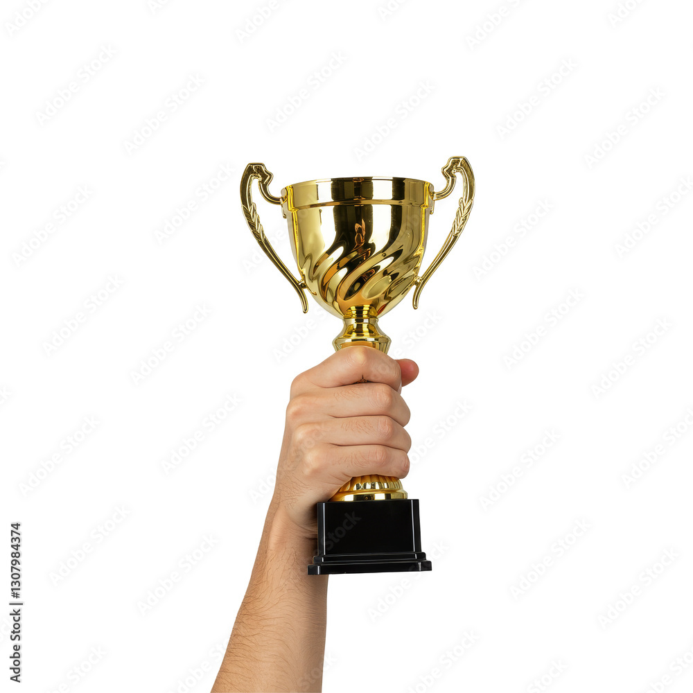 hand holding golden trophy on transparent background, PNG, cutout Stock ...