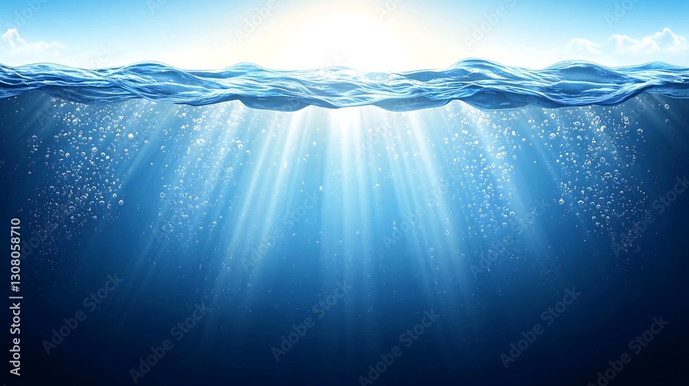 Underwater sunlight beams, ocean surface, background for marine life ...