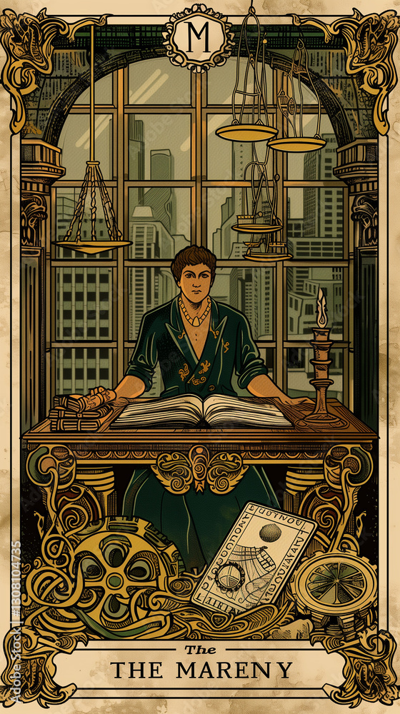 Art Deco style tarot card depicting a person at a desk in an ornate ...