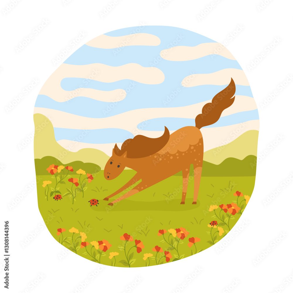 Horse with beetle on summer meadow cartoon vector illustration. Playful ...