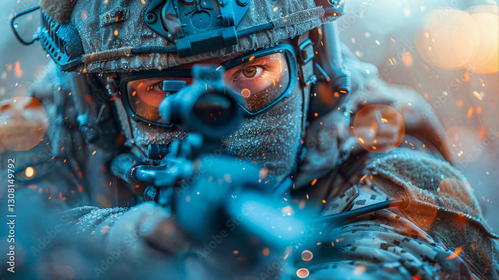 Elite soldier aiming through a rifle scope, wearing frosty tactical ...
