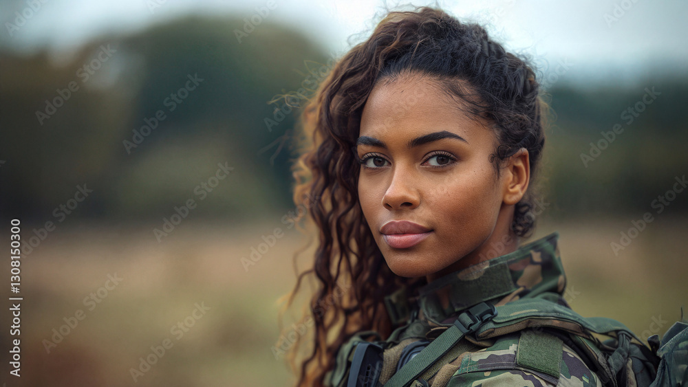 Female soldier in camouflage uniform standing outdoors with a confident ...