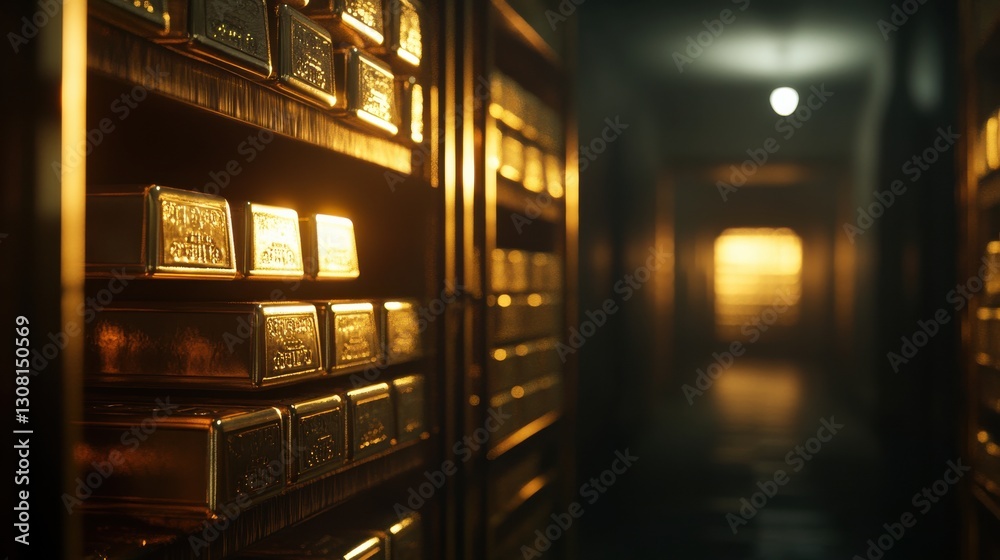 Multiple gold bars stacked in a secure vault, with soft lighting creating a luxurious glow. The ...