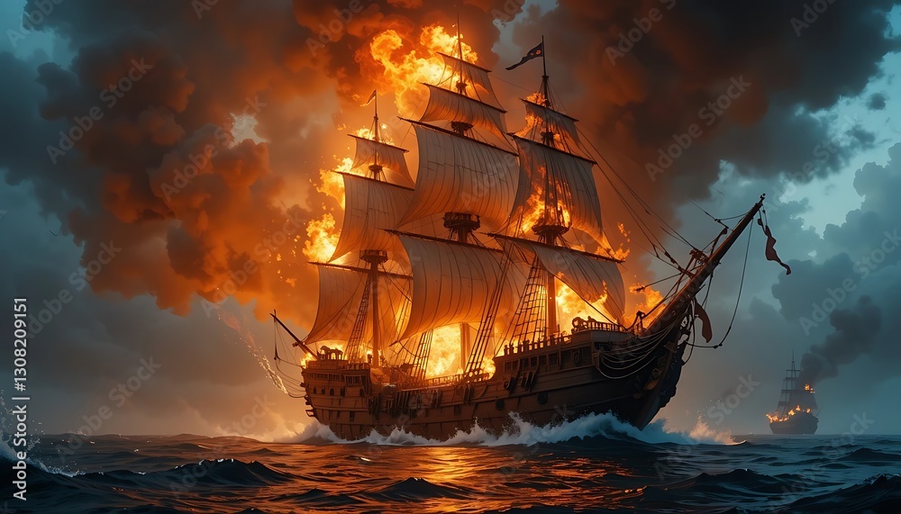 Burning Galleon at Sea: A fiery spectacle of a sinking ship engulfed in ...
