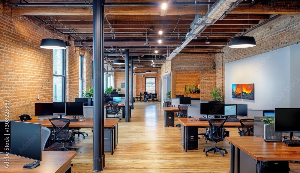 Open-plan office space with exposed brick, high ceilings, and wooden ...