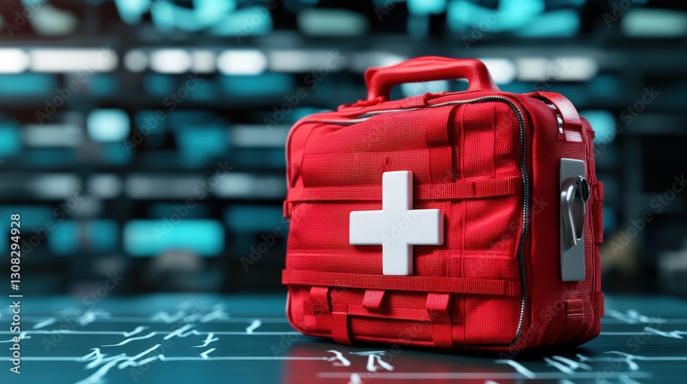 Comprehensive first aid kit opened to reveal various medical supplies ...