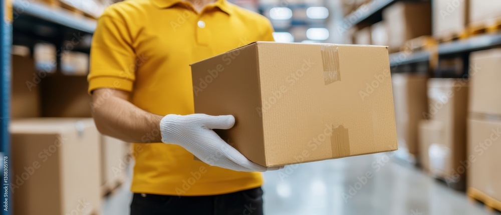 Warehouse employee sorting and handling cardboard boxes, industrial ...