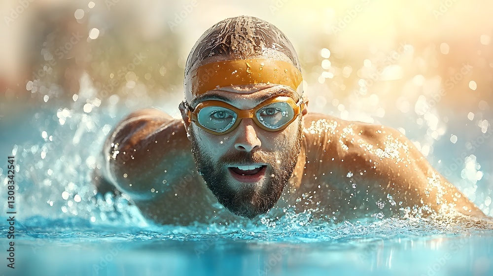Muscular competitive swimmer diving into a pool water splashing around ...