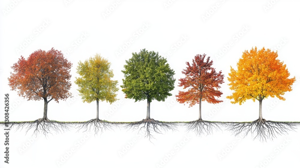 Cross-section visualization of maple tree growth stages against pure ...