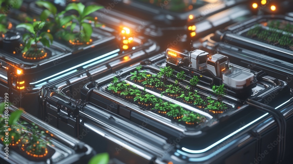 Modular farming platforms connected by light bridges, modern harvesting ...