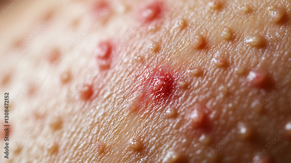Skin rash featuring red and inflamed patches on a surface with visible ...