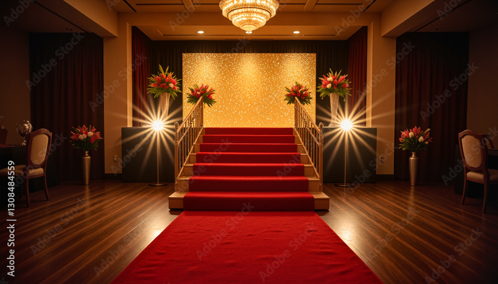 Dramatic red carpet walkway leading to a stage for prom king and queen ...