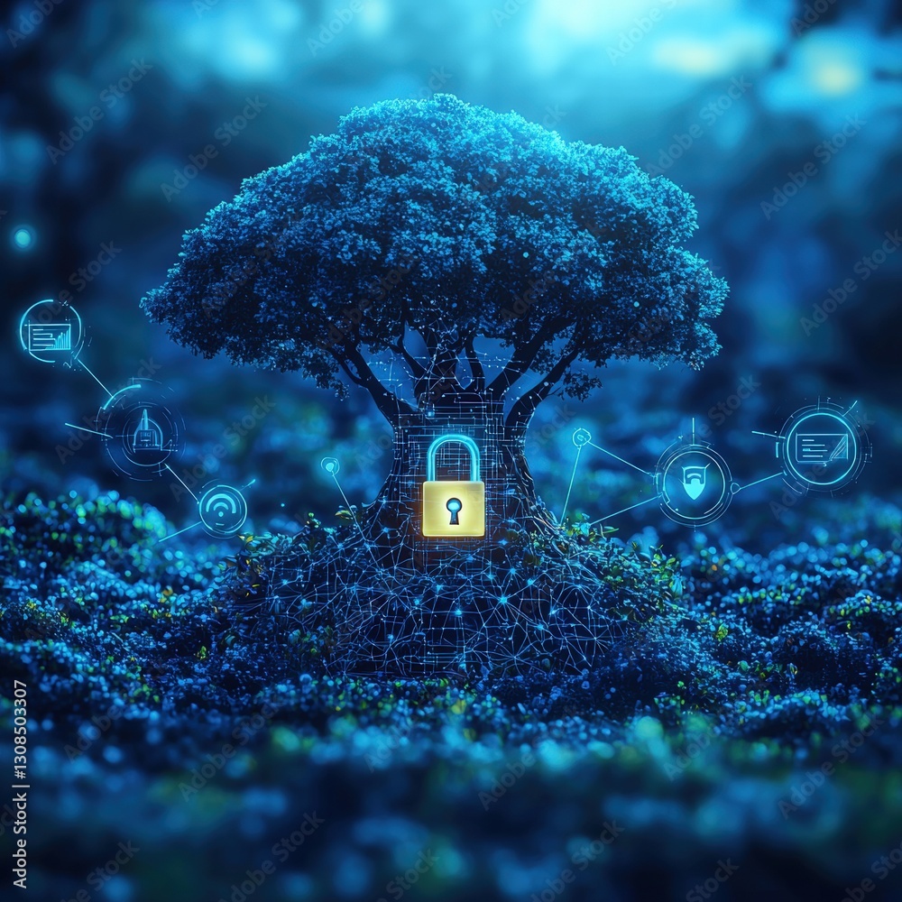 Tree with a lock embedded in its trunk symbolizing nature, security ...