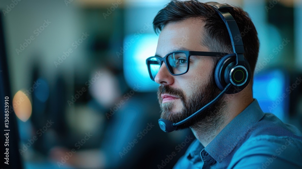 Professional male call center agent wearing headset while working in a ...