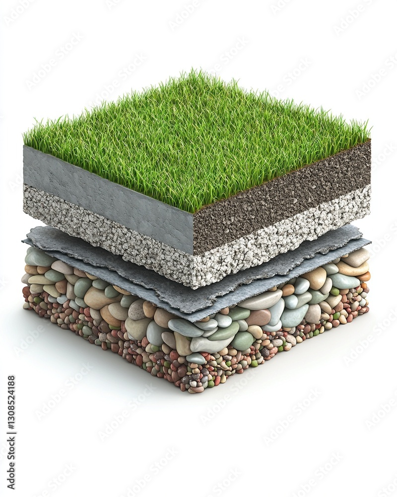 Cross-section of artificial turf layers showing grass, concrete ...