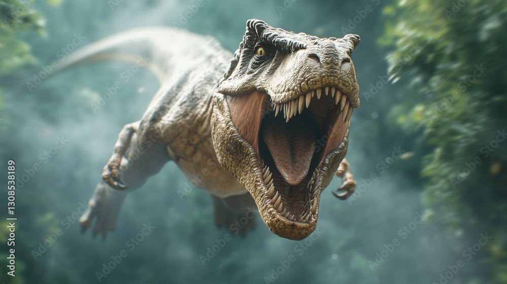 T-Rex in Lush Jungle: A terrifying Tyrannosaurus Rex roars with its ...