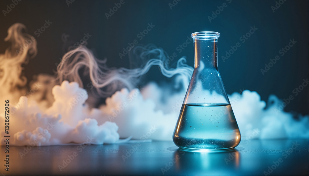 Laboratory flask with clear liquid and smoke backdrop for educational ...