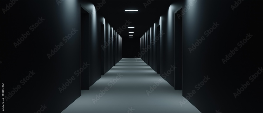 Long, narrow corridor with rows of black doors on either side. the ...