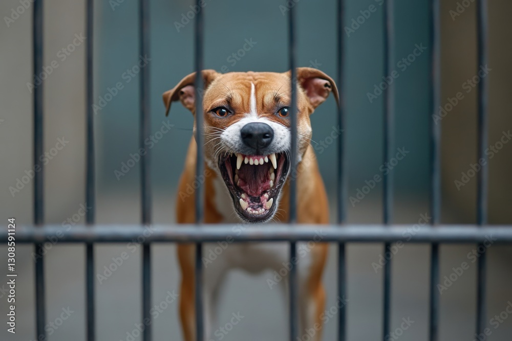 Angry dog barking behind bars, showing teeth aggressively, snarling ...