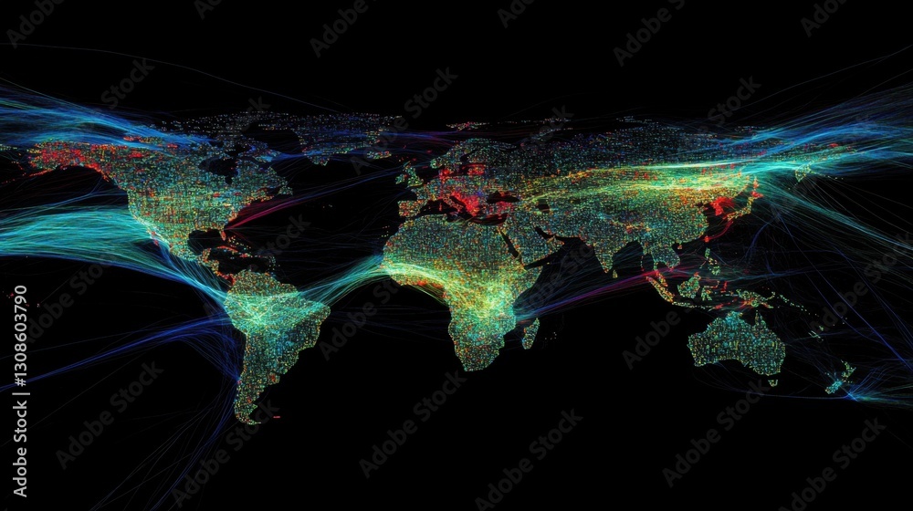 World map visualized as a digital globe with moving data streams ...