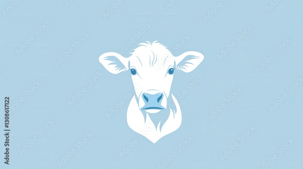 Stylized cow logo for minimalist dairy farm branding in soft blue and ...