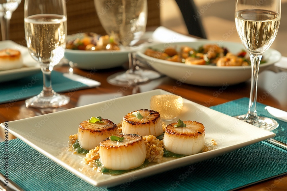 Pan-seared scallops with garnish served on a rectangular plate at a ...