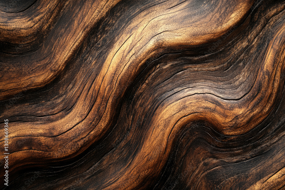 Dark brown wood texture with wavy grain patterns, rich in detail and ...