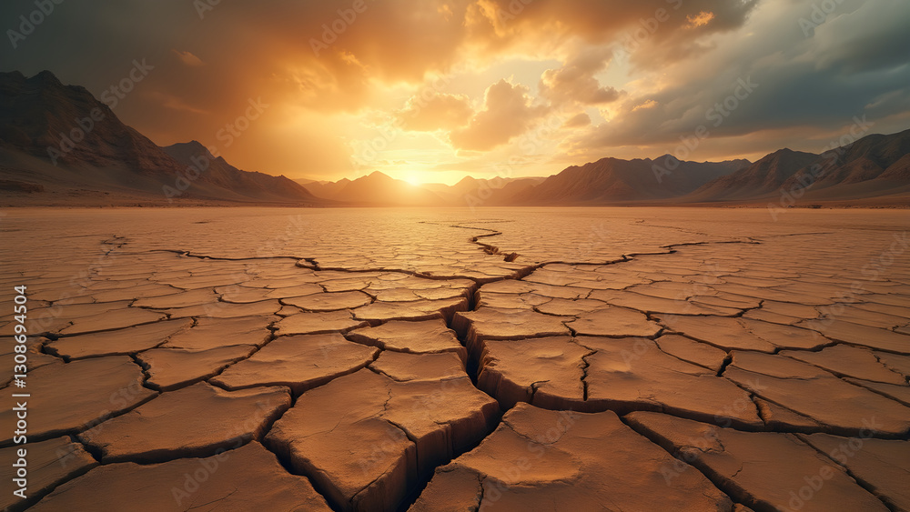 Climate change impacts. Cracked dry desert landscape. Effects of global ...