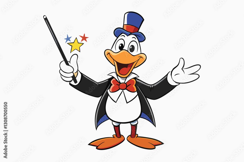 Colourful goose with a magic wand is trying to turn a frog into Prince ...