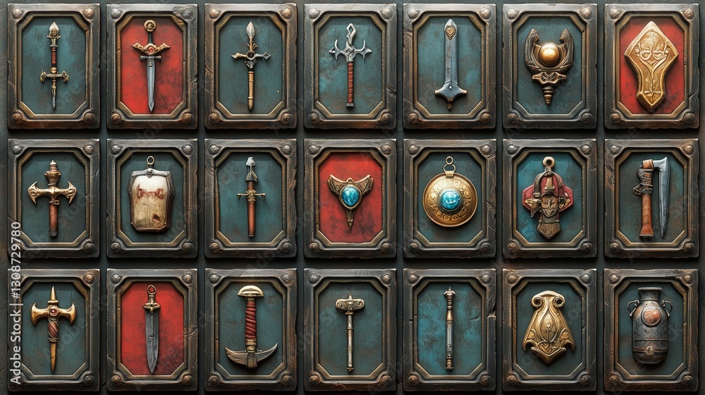 Game inventory icons weapons armor RPG. Detailed fantasy icons in grid ...