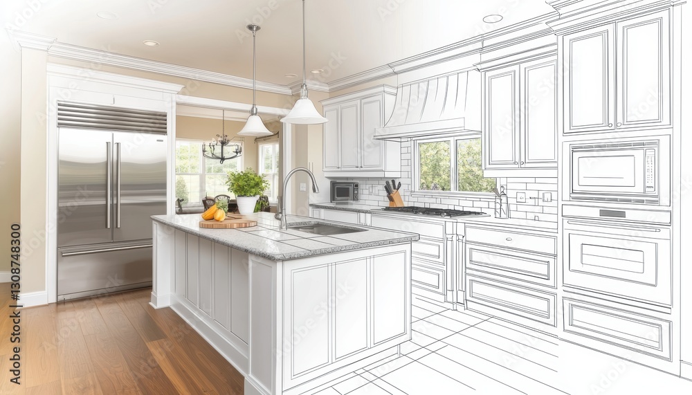 Partially rendered modern kitchen with sketched blueprint elements ...