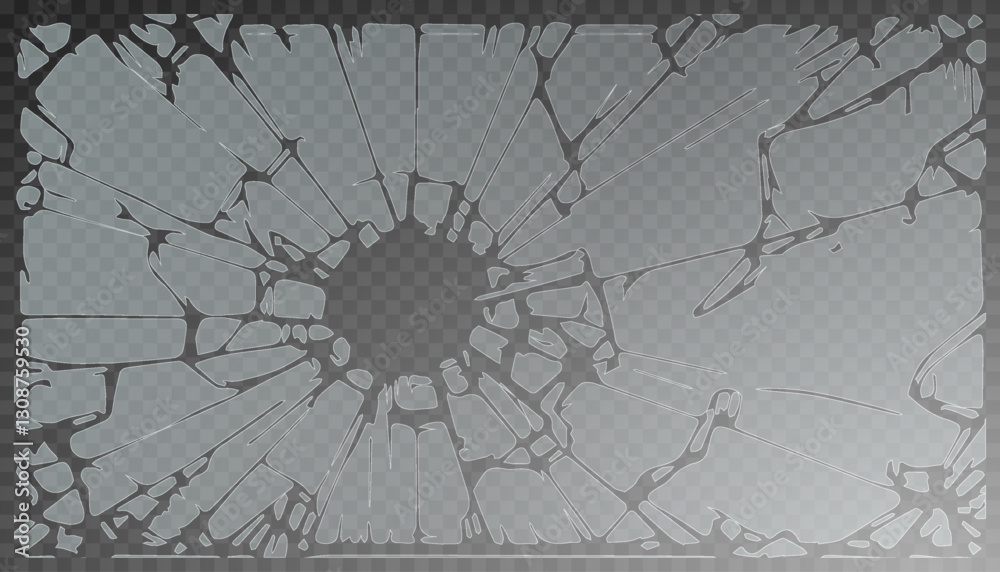 3d realistic vector icon. Broken glass, cracked hole with broken pieces with flying around ...