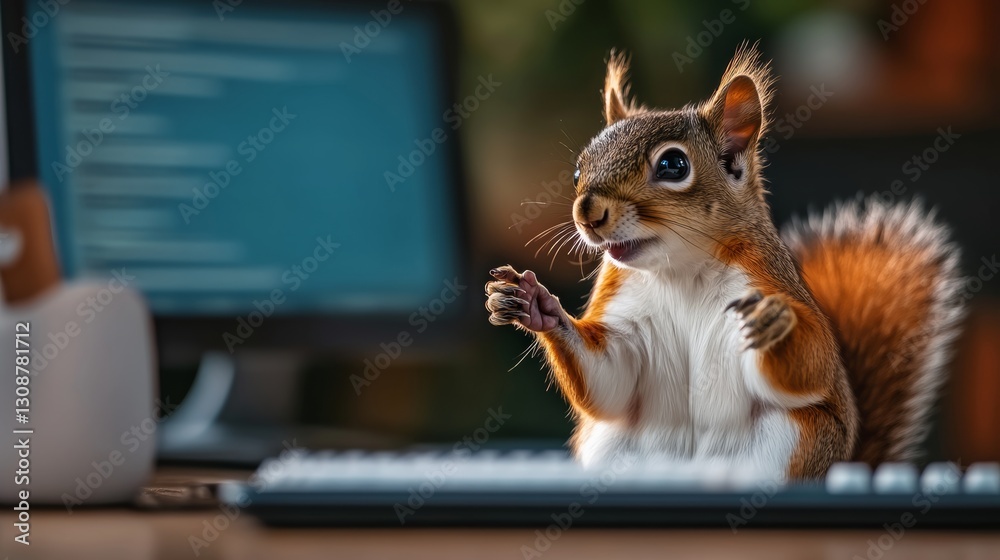 Small brown squirrel is sitting on a keyboard in front of a computer ...