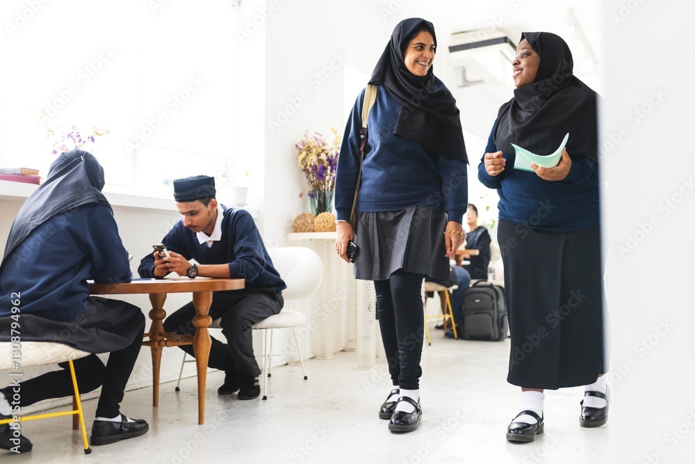 Group of Muslim students in school uniforms, including two girls in ...