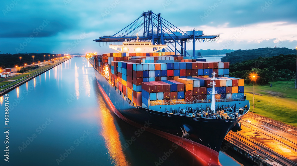 Container ship in the Panama Canal at dusk. Massive cargo vessel loaded ...