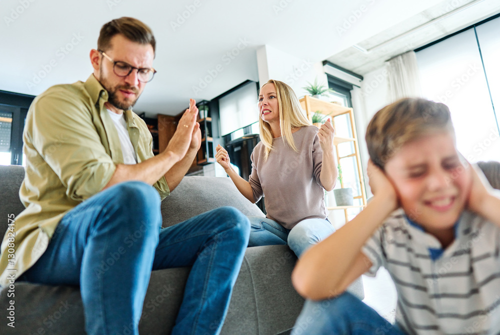 child mother family problem father woman conflict boy arguing adult son ...