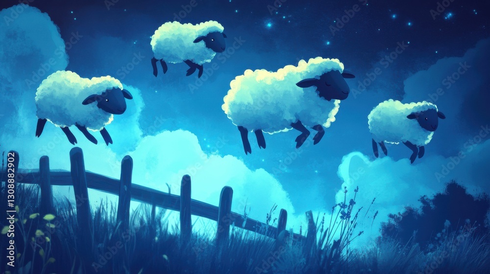 Counting Sheep. Cartoon Illustration of Cute Sheep Jumping Through ...