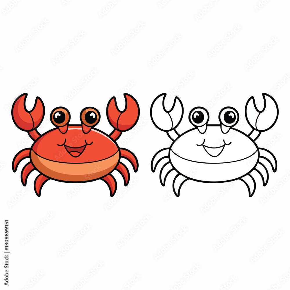 Adorable Cartoon Crab Coloring Page – Left Side Features a Cute Colored ...