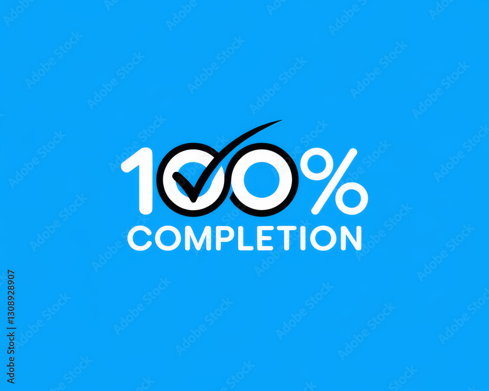 Bold 100% Completion graphic on a bright blue background featuring a ...