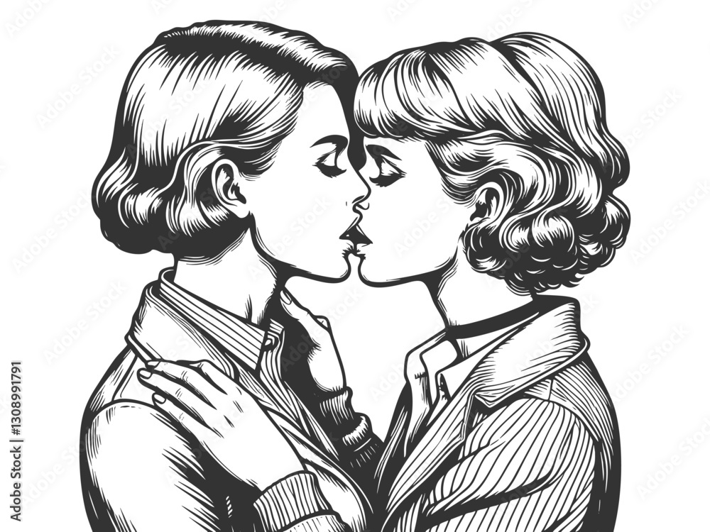 two women sharing a passionate kiss, evoking a vintage aesthetic with ...