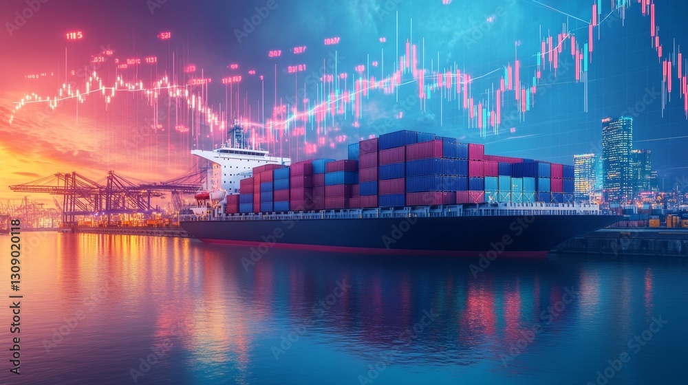 Container ship at port with cargo and rising stock market graph in ...