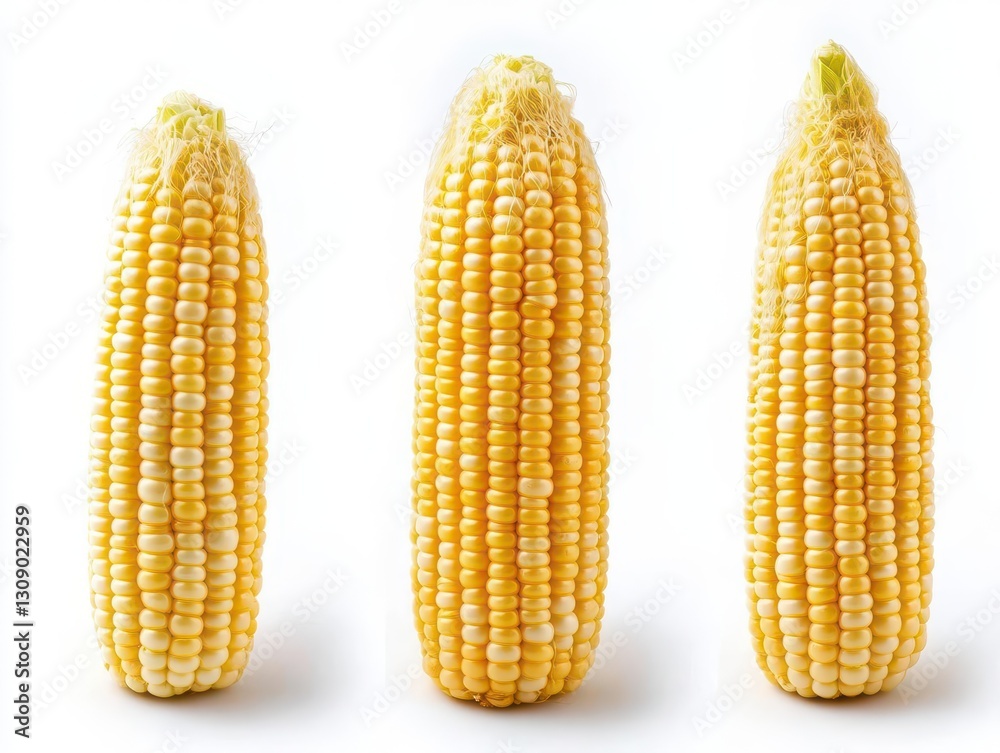 4 pieces of baby corn isolated on a white background, shown in front ...