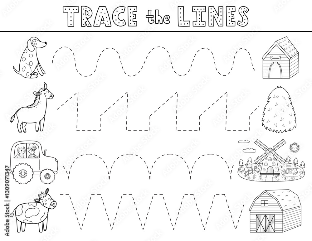 Trace the lines activity page in outline with cute farm animals ...