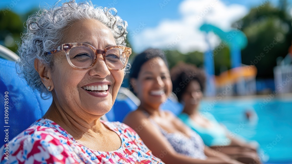 Joyful moments shared by the pool with friends at a water park Stock ...