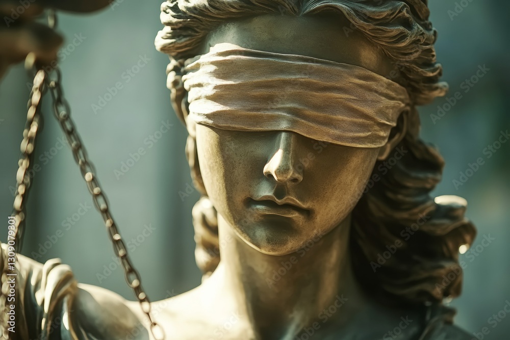 A detailed view of Lady Justice, blindfolded and holding her scales ...